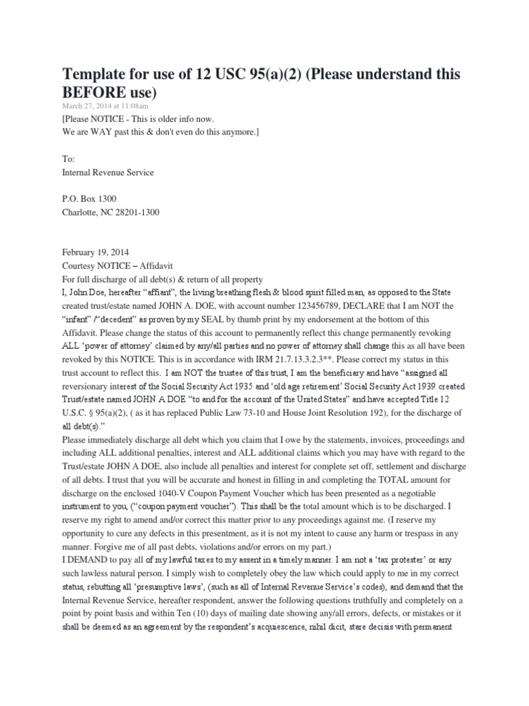 Template For Use of 12 USC 95 | PDF | Taxes | Corporations