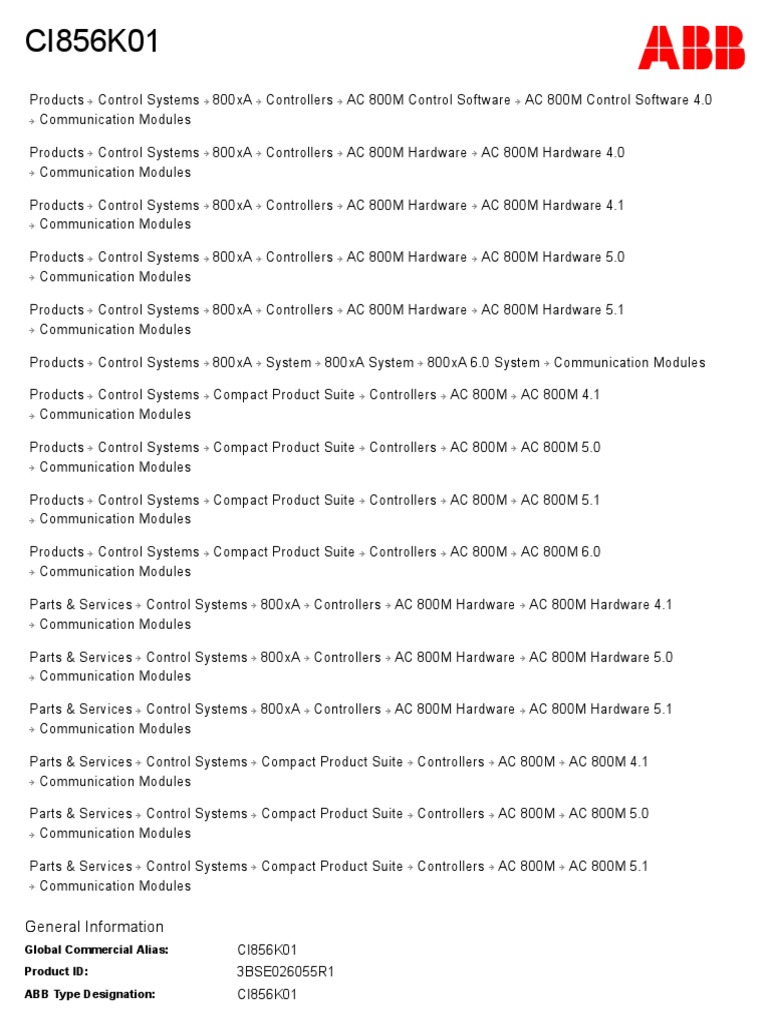 ABB Product Catalog Listing for CI856K01 S100 I/O Interface ...