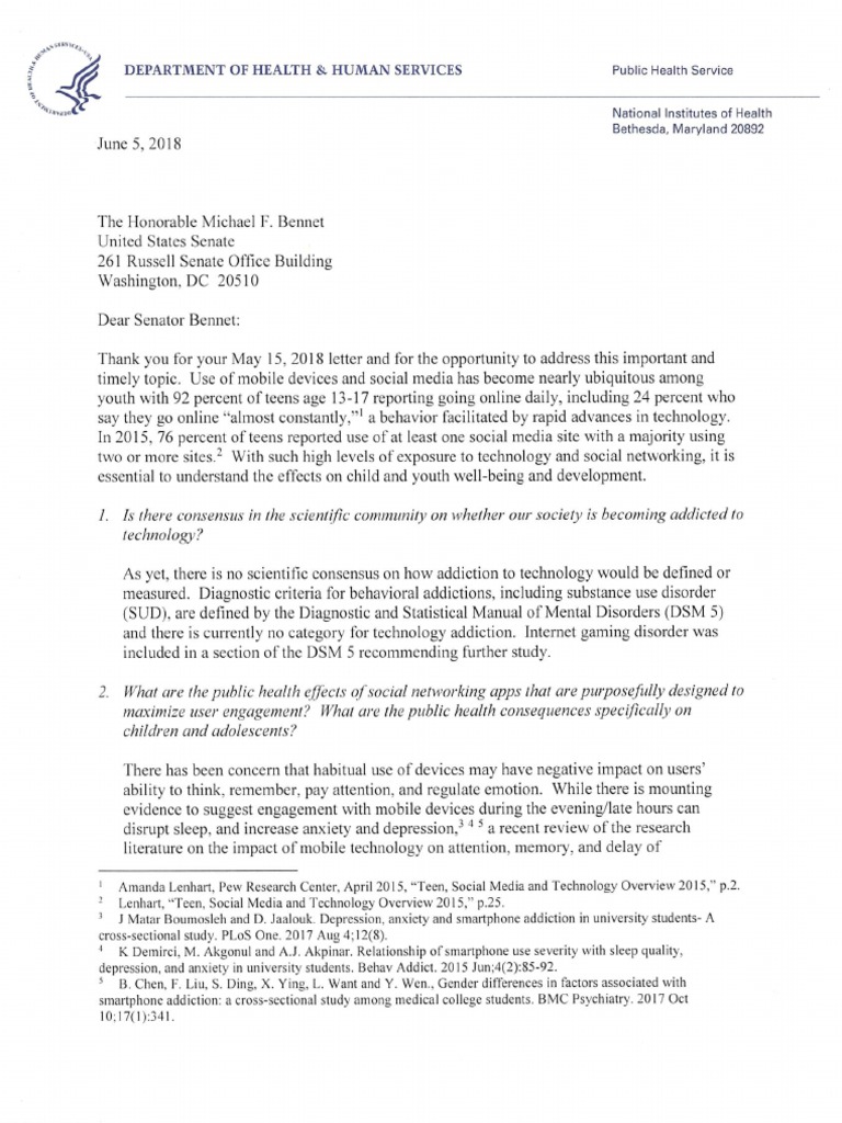 NIH Response To Bennet Letter On Tech Addiction | PDF