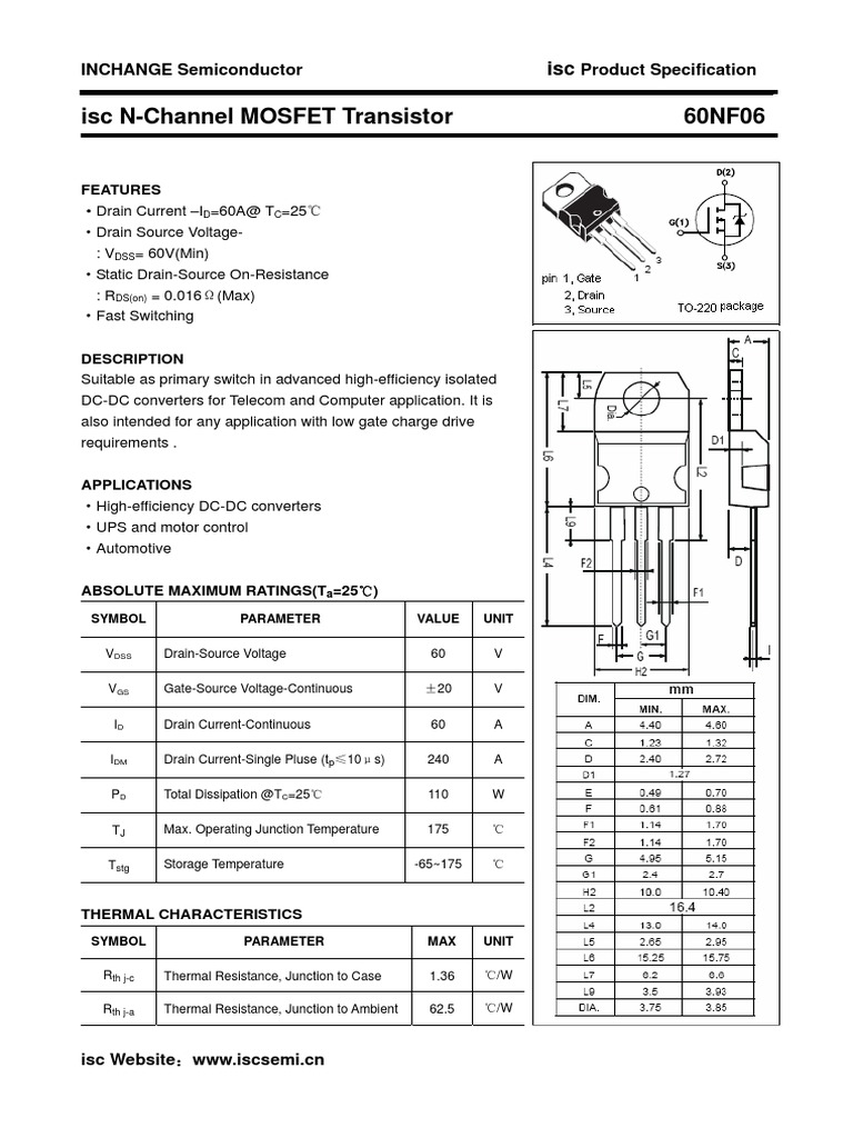 60NF06 MOSFET Product Specification | PDF | Field Effect Transistor ...