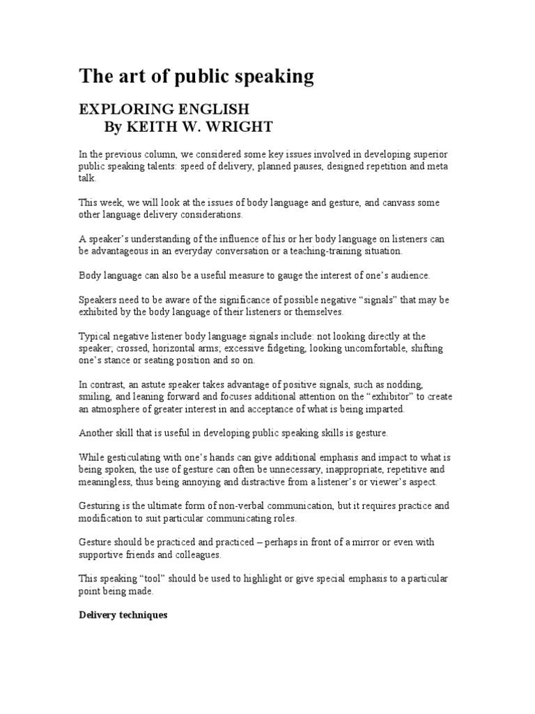 The Art of Public Speaking | PDF | Gesture | Body Language