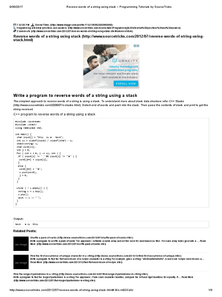 Reverse Words Of A String Using Stack Programming Tutorials By Sourcetricks Pdf String