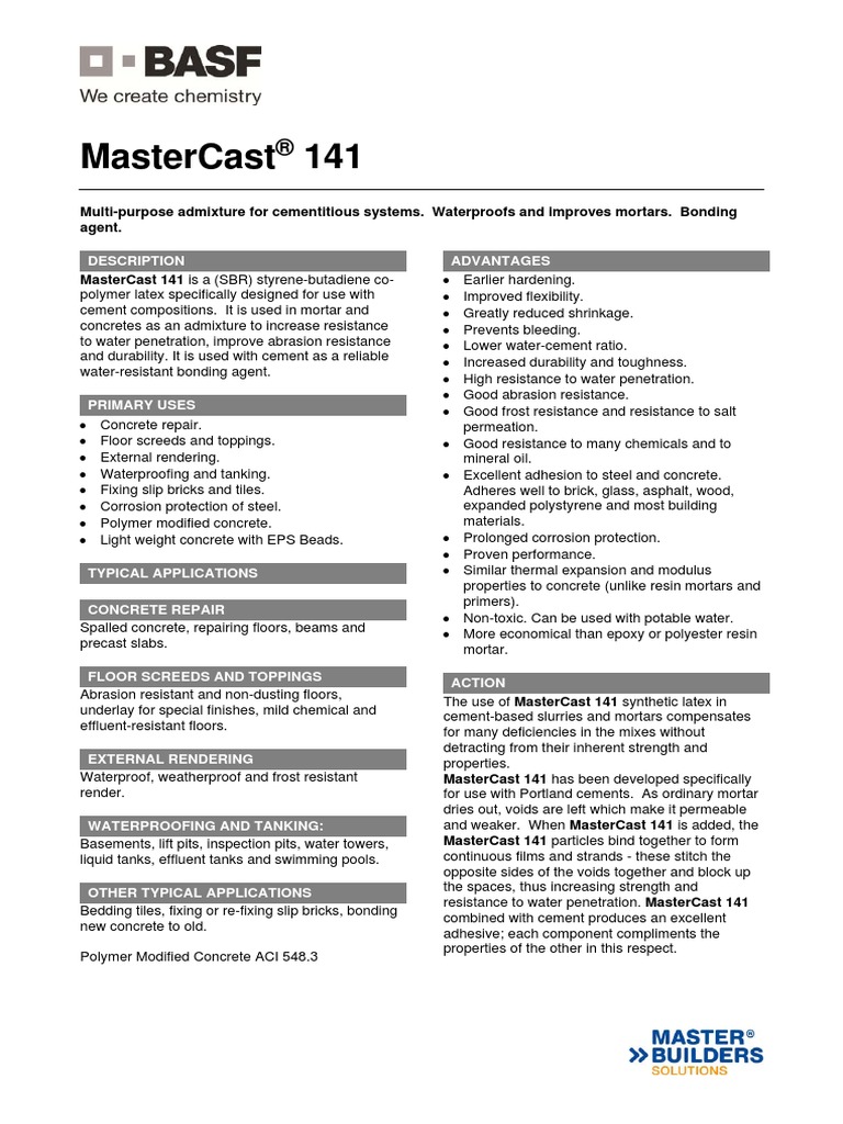 Basf Mastercast 141 Tds | PDF | Concrete | Mortar (Masonry)