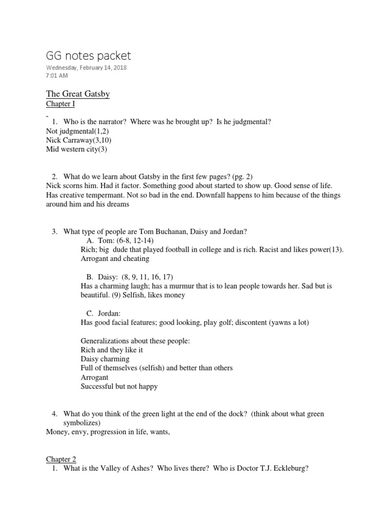 GG Notes Packet | PDF | The Great Gatsby