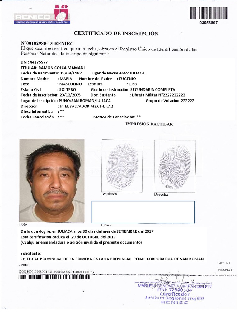 Ficha Reniec El Tio Ramon | PDF