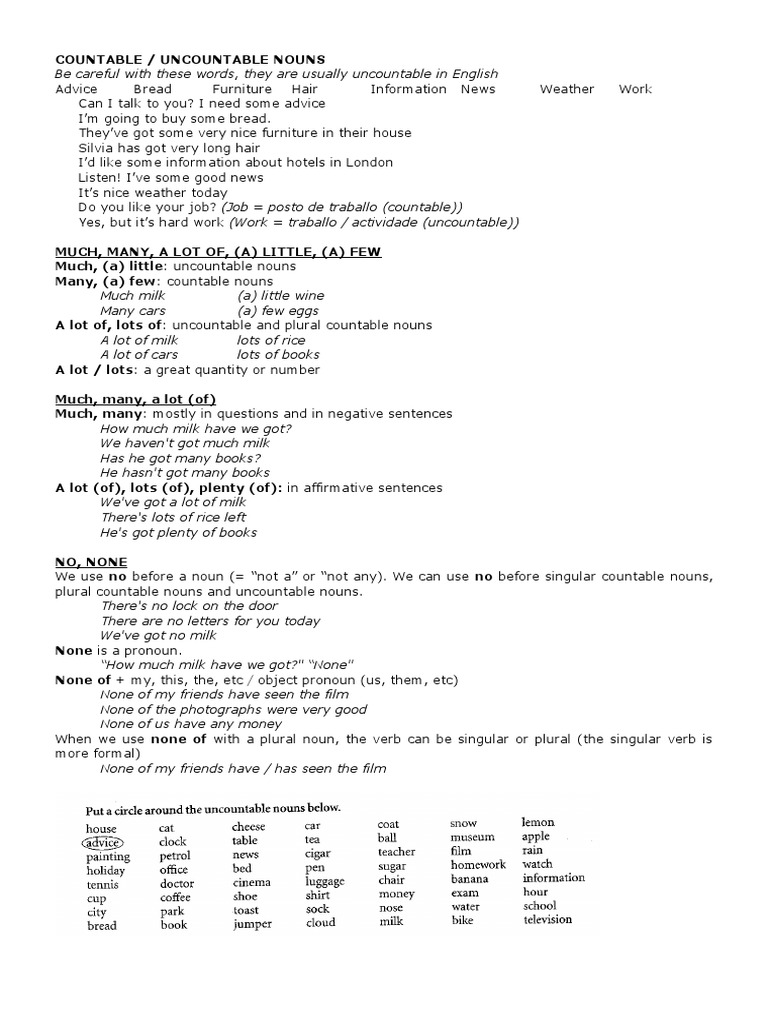 Guidance on Countable and Uncountable Nouns, Quantifiers, and Related ...