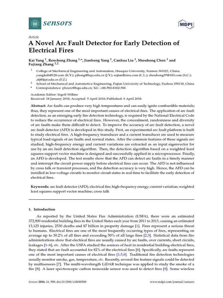 Sensors: A Novel Arc Fault Detector For Early Detection of Electrical ...