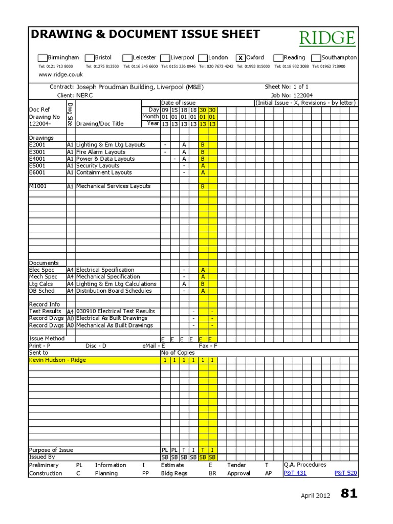 Drawing & Document Issue Sheet for Joseph Proudman Building, Liverpool ...