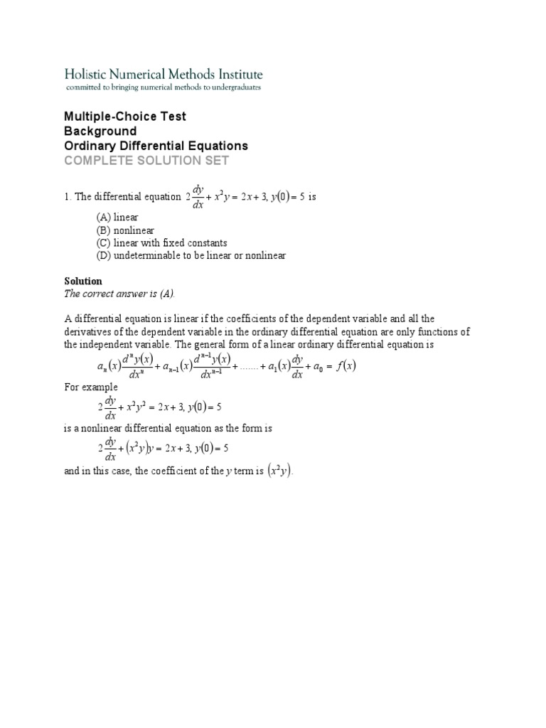 ODE Multiple Choice Questions and Solutions | PDF | Differential ...