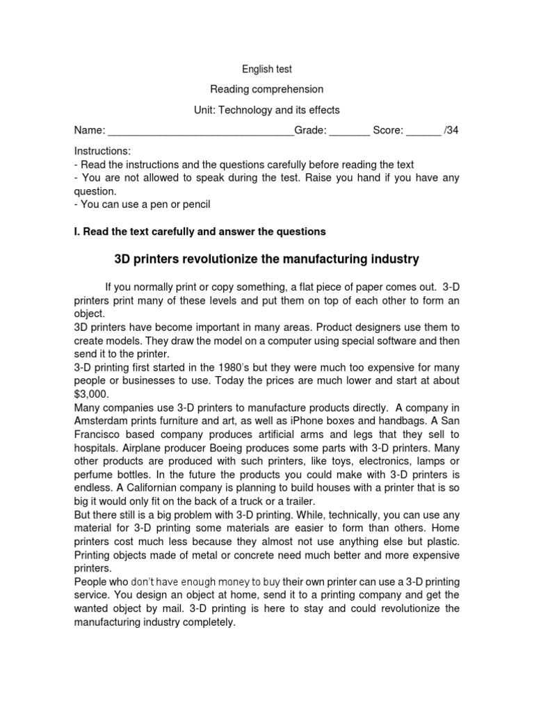 3D Printers Revolutionize The Manufacturing Industry: I. Read The Text ...