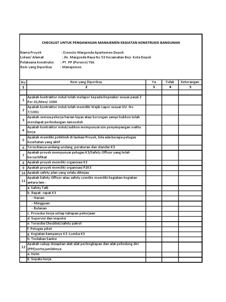 Checklist Inspeksi Konstruksi Bangunan PDF | PDF | Komputer