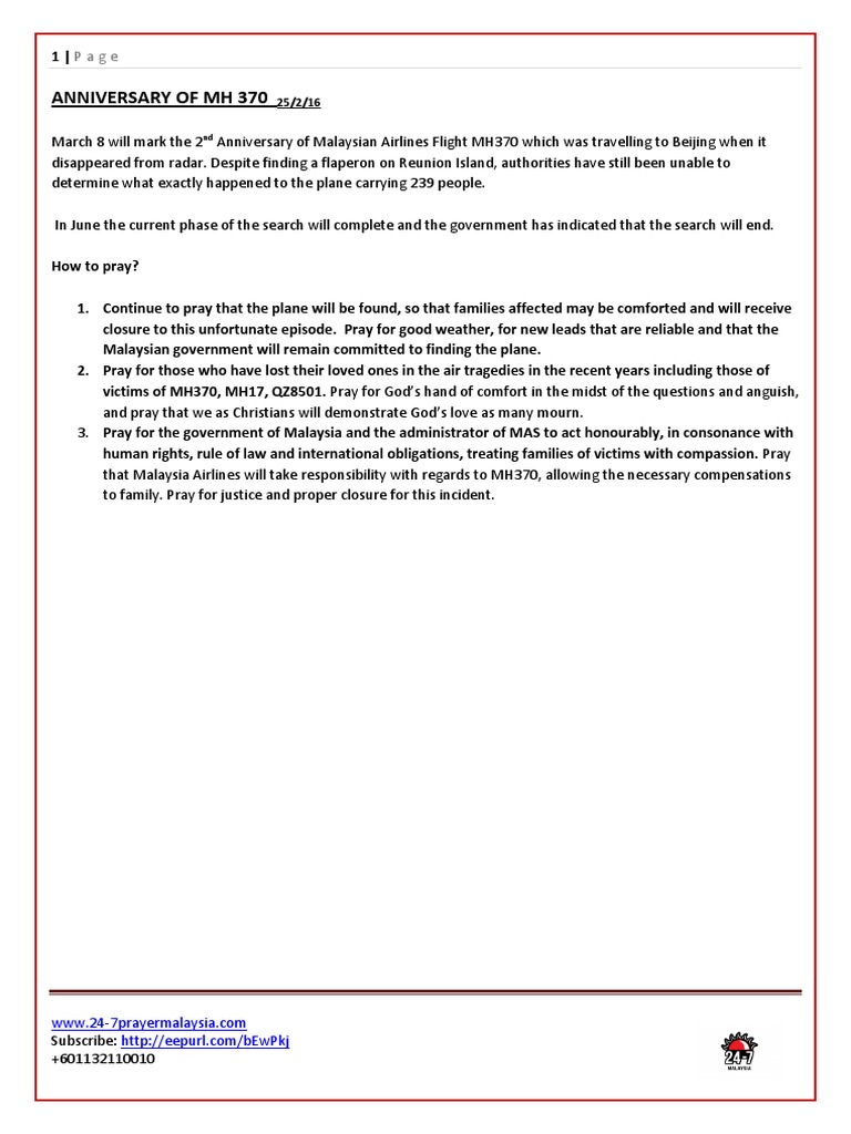 MH370 Anniversary Prayer Guide | PDF | Malaysia Airlines Flight 370 ...