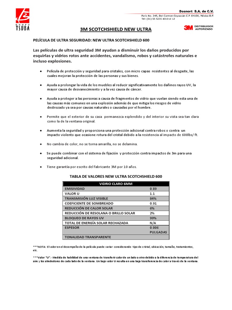 Película de Seguridad 3M Ultra 600 | PDF | Ventana | Lentes