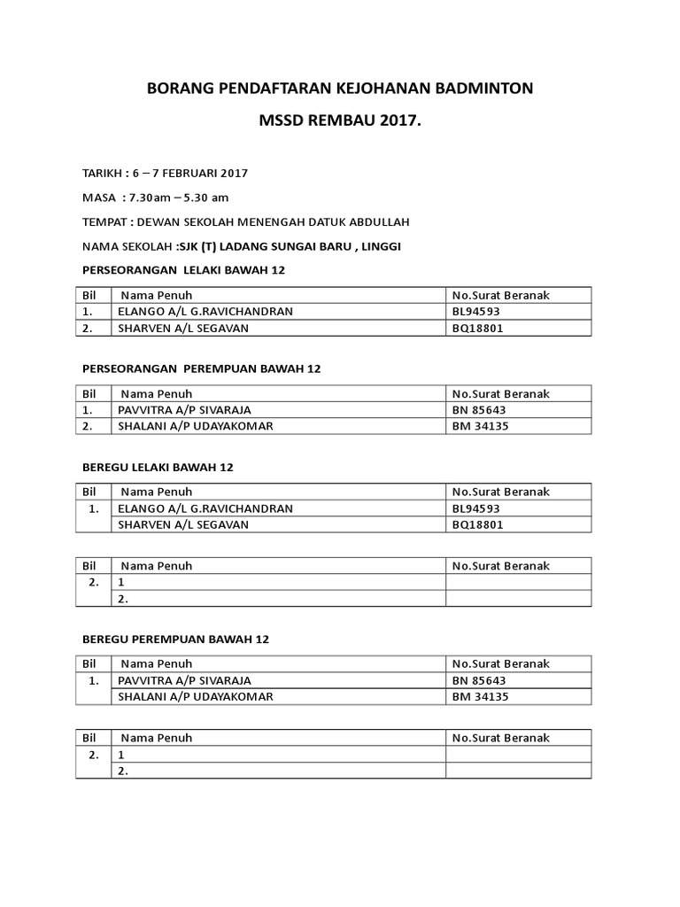 Borang Pendaftaran Badminton Pdf