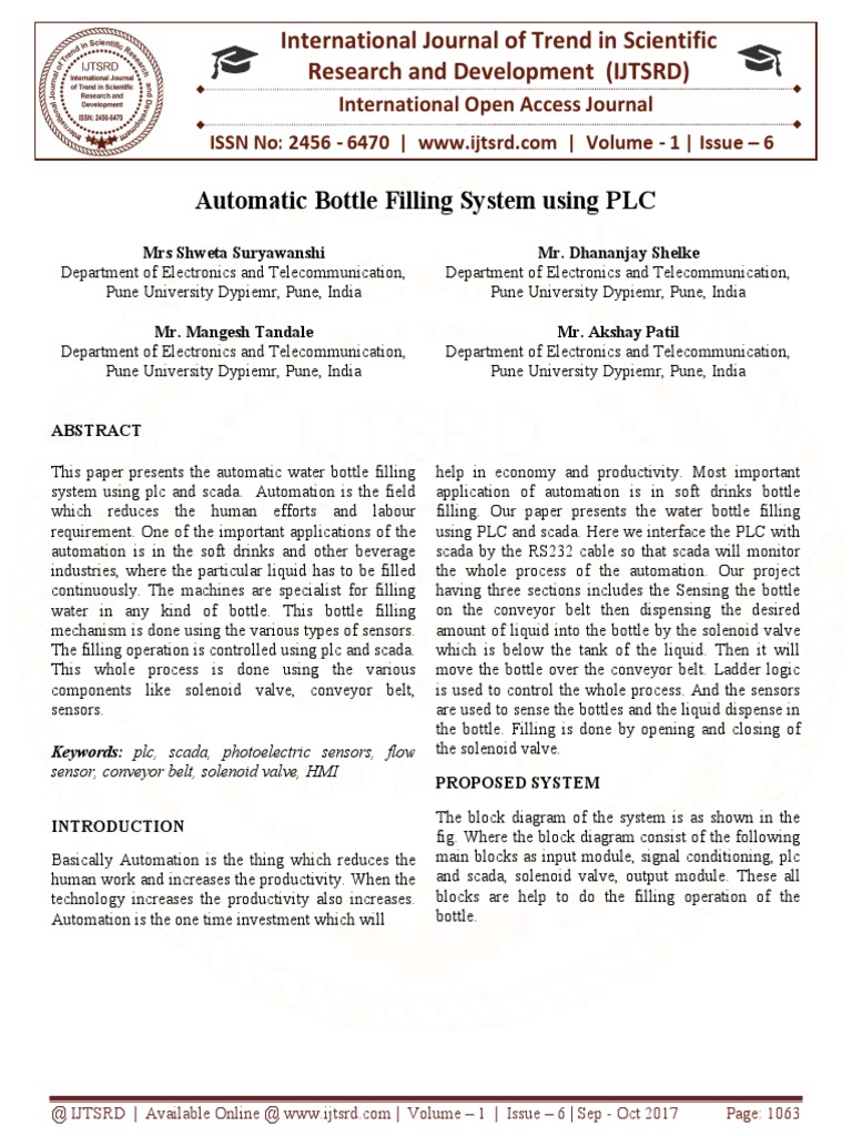 Automatic Bottle Filling System Using PLC | PDF | Programmable Logic Controller | Automation