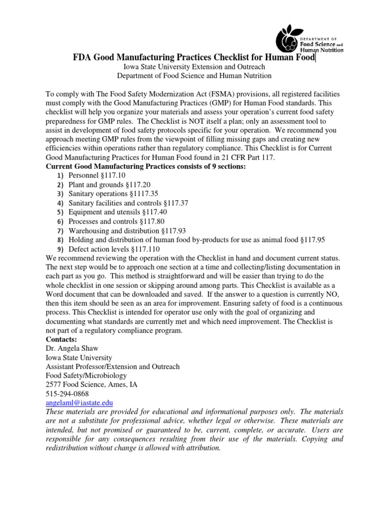 FSMA - GMP Checklist | PDF | Sewage | Foods