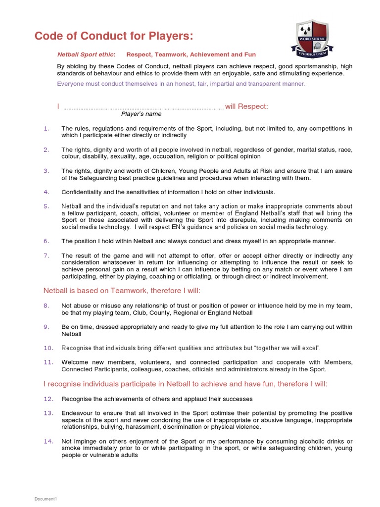 WNC Code-Of-Conduct-For-Players-To-Sign | PDF | Sports | Applied Ethics