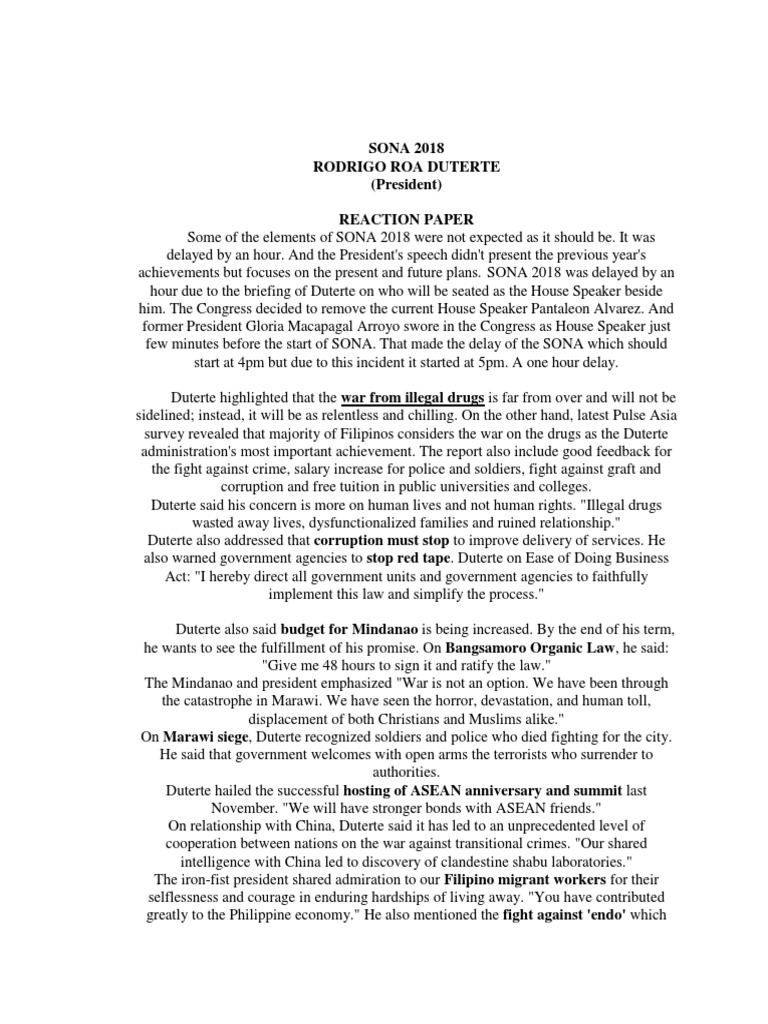 SONA 2018 Rodrigo Roa Duterte (President) Reaction Paper | PDF ...