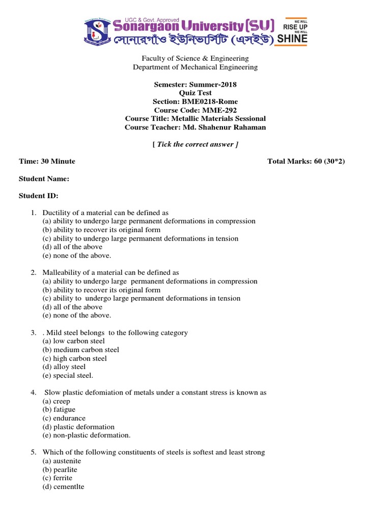 MME-292 (Metallic Materials Sessional) | PDF | Cast Iron | Steel