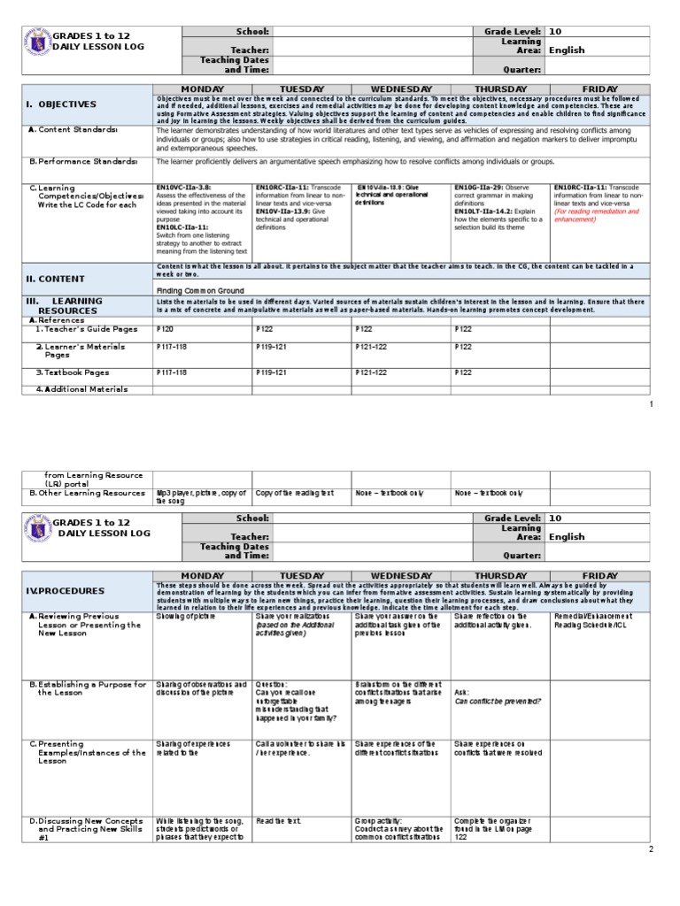 Grade 10 English DLL Q2-Q4 | PDF | Teachers | Learning