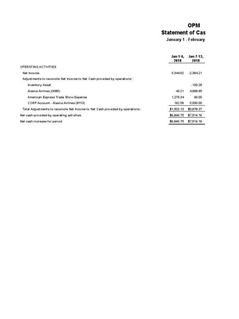 OPM Statement of Cash Flows: January 1 - February 27, 2018 | PDF ...