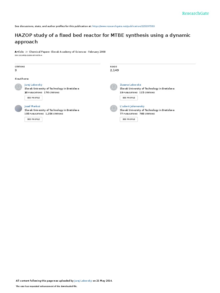 HAZOP Study of A Fixed Bed Reactor For MTBE Synthe PDF | PDF | Steady ...