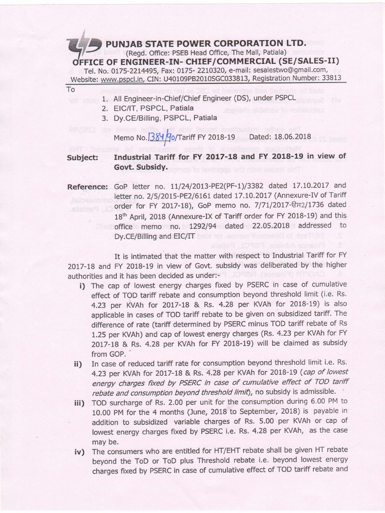 PSPCL Industrial Tariff Subsidy Memo | PDF | Government | Economies