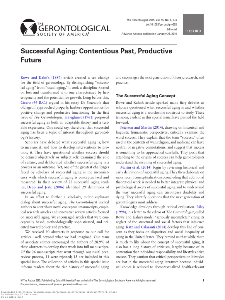 Successful Aging: Contentious Past, Productive Future: Rowe and Kahn’s ...