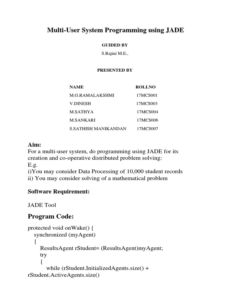 Multi-User System Programming Using JADE: Guided by | PDF | Information Technology | Areas Of ...