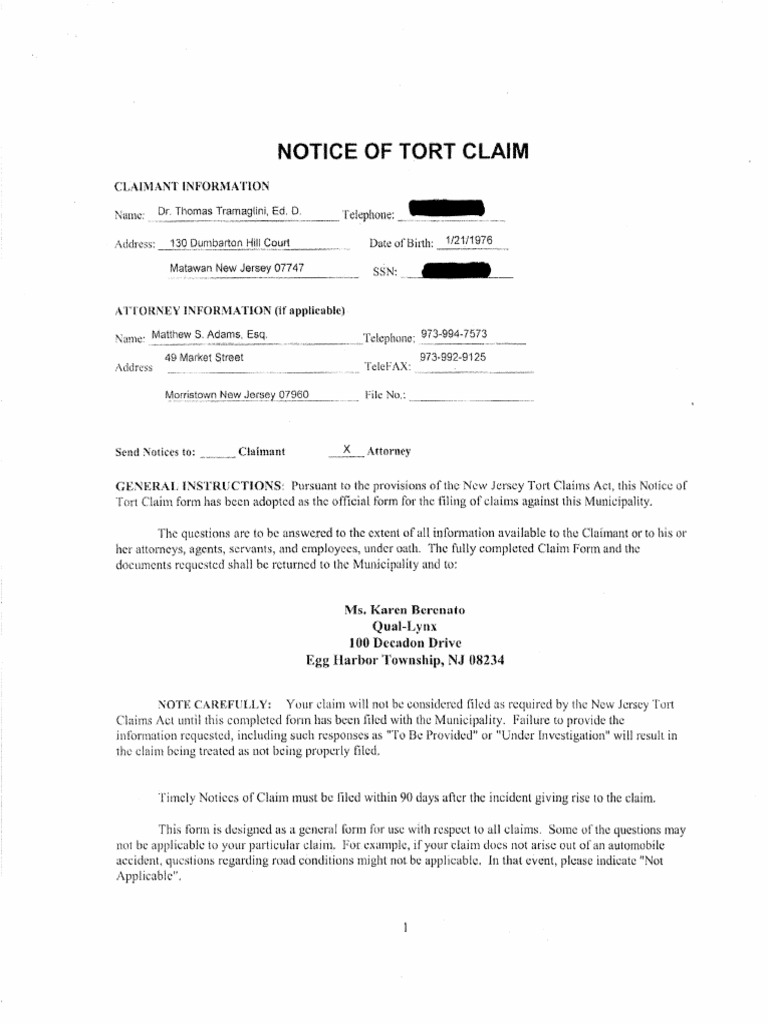 Thomas Tramaglini Notice of Tort Claim | PDF