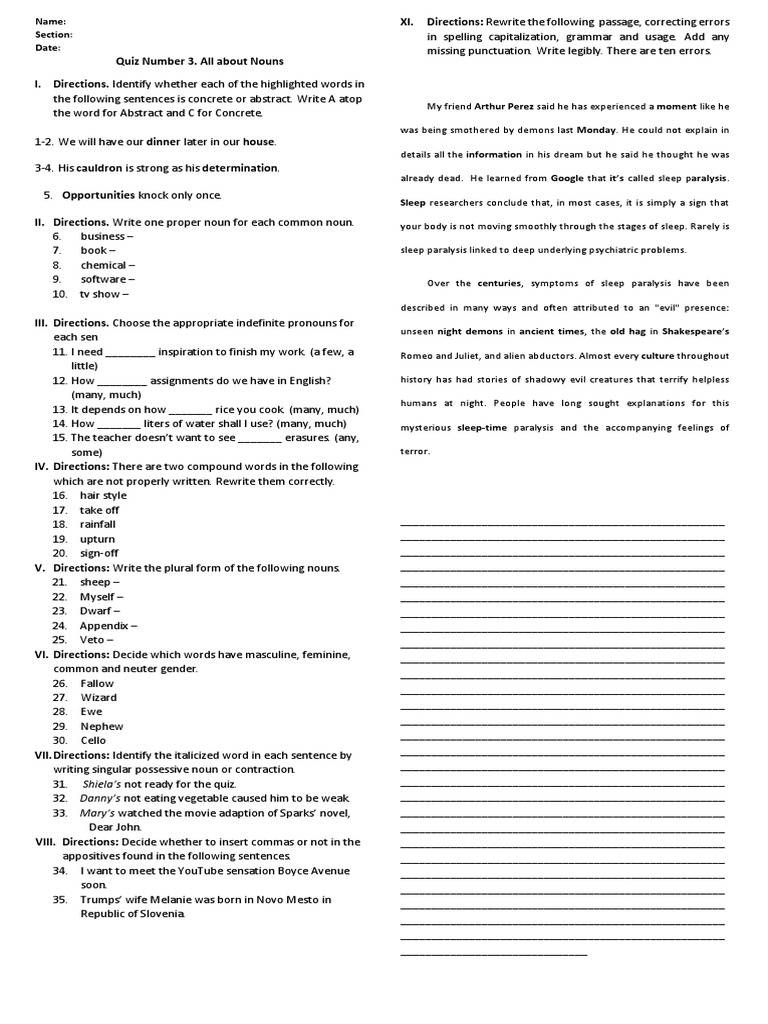 Quiz Number 1 Function Word and Content Words | PDF | Grammatical ...