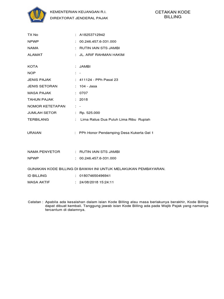 Contoh e Billing Pajak | PDF | Pengelolaan Keuangan & Uang