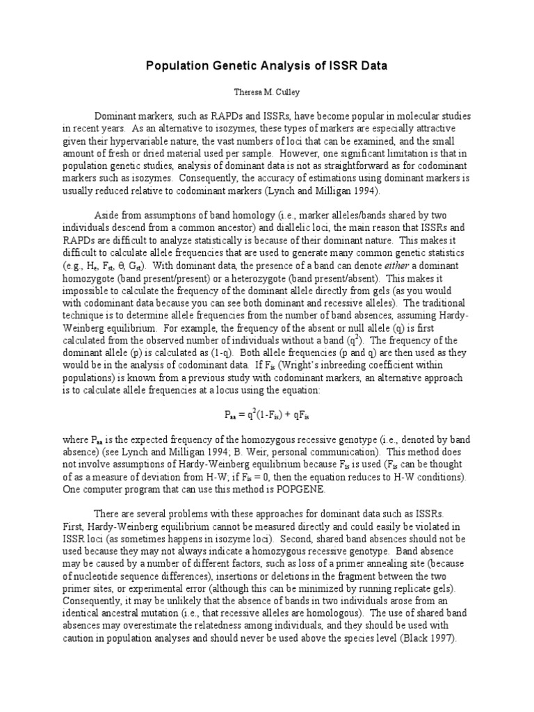 Population Genetic Analysis of ISSR Data | PDF | Zygosity | Dominance (Genetics)