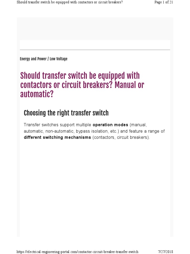 Should Transfer Switch Be Equipped With Contactors or Circuit Breakers? Manual or Automatic ...