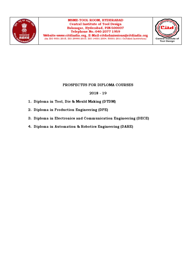 Msme-Tool Room, Hyderabad Central Institute of Tool Design Balanagar ...