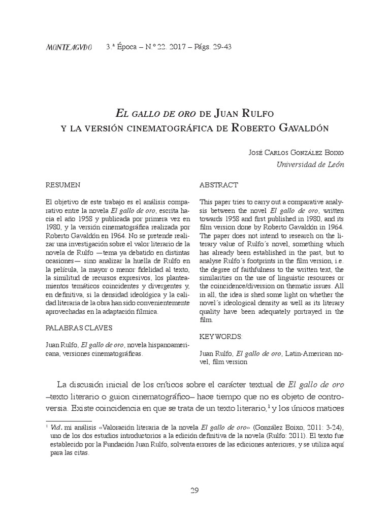 El Gallo de Oro de Juan Rulfo y La Version Cinematografica de Roberto ...