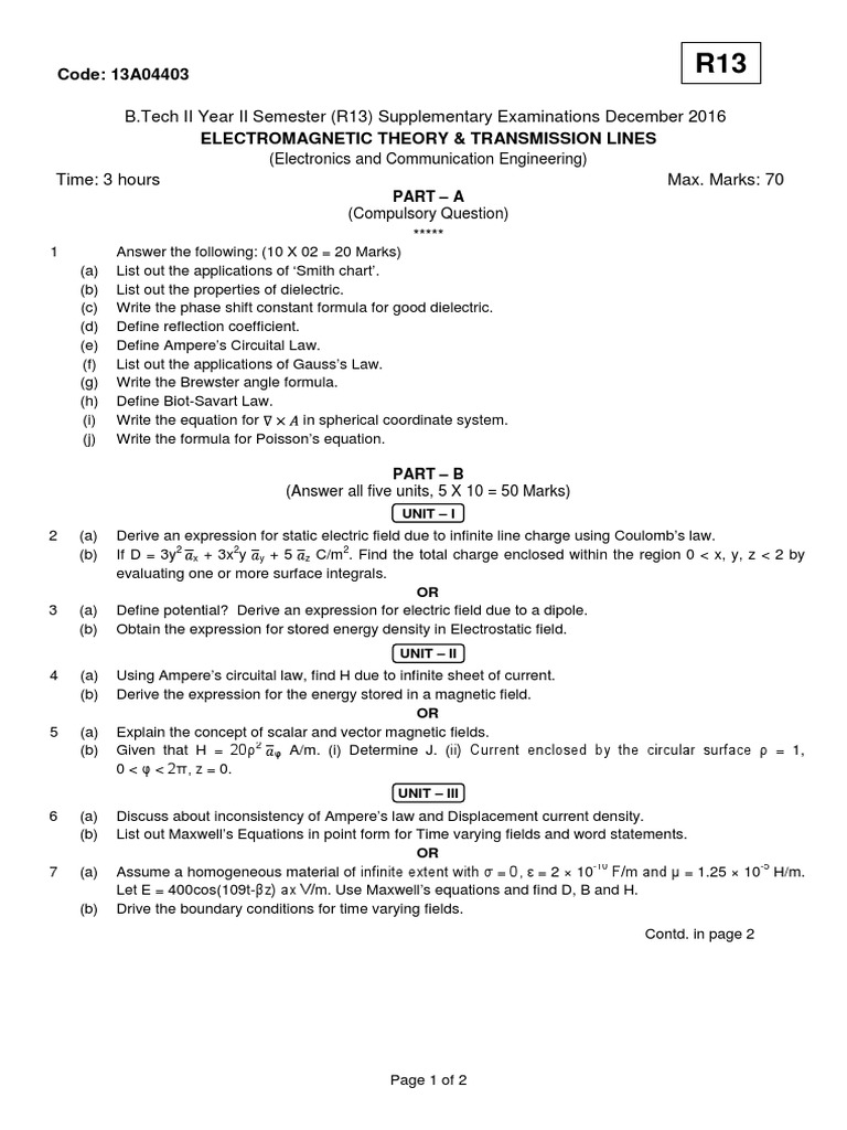 EMTL Question Paper | PDF | Electric Field | Physical Quantities