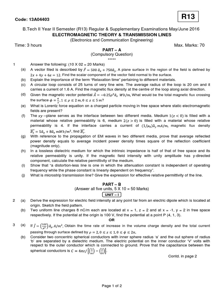 EMTL Question Paper | PDF | Transmission Line | Magnetic Field