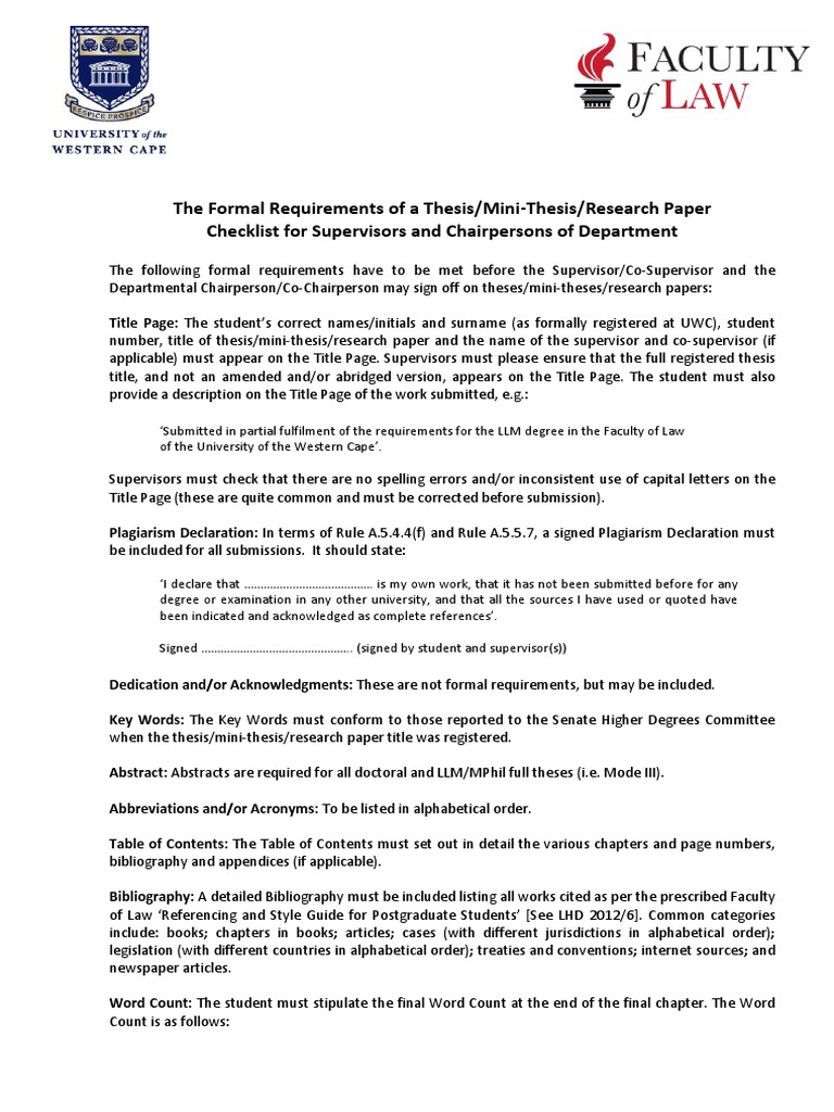 Checklist Formal Requirements of A Thesis | PDF | Thesis | Academia