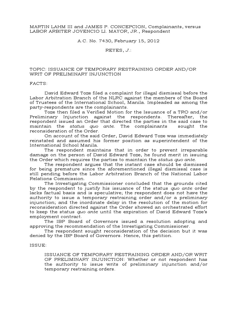 Martin Lahm vs. Concepcion | PDF | Injunction | Justice