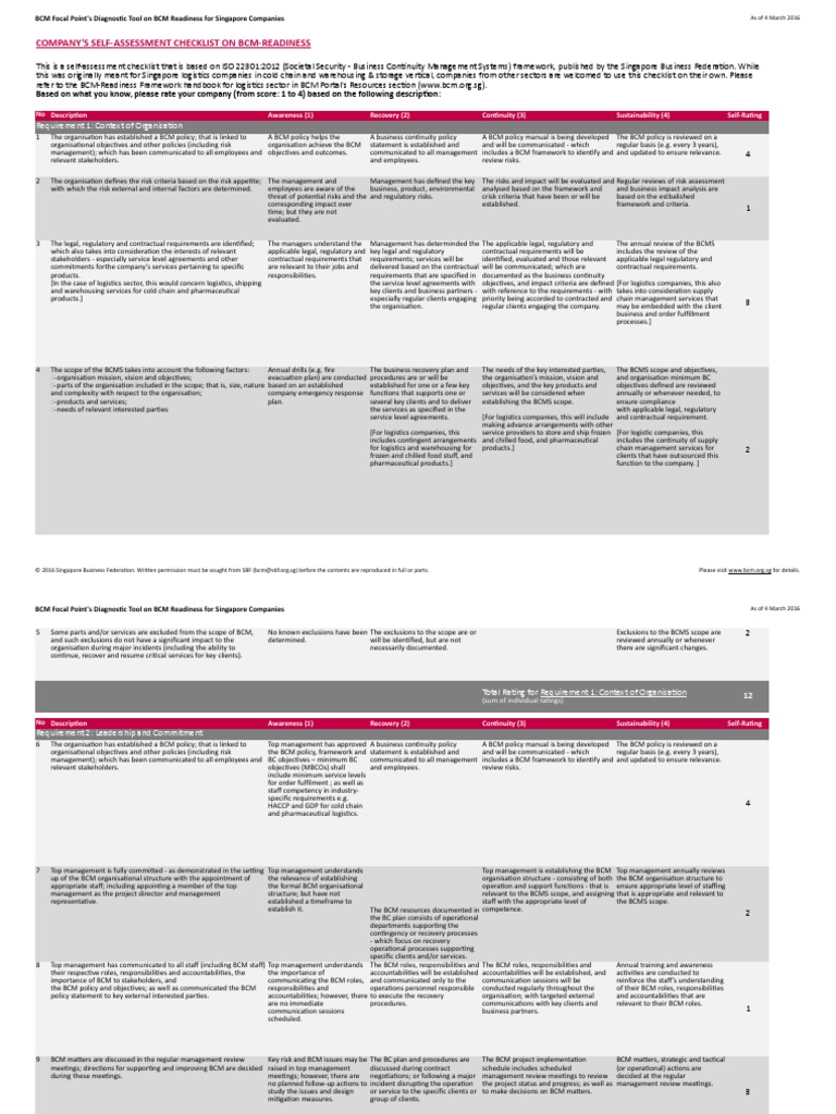 Company'S Self-Assessment Checklist On Bcm-Readiness | PDF | Business Continuity | Risk