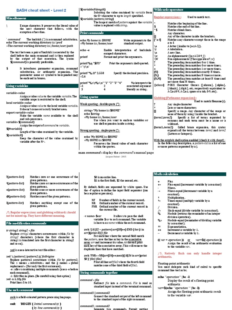 Bash Cheat Sheet Level 2 Commands Variables Wildcards Pdf Computer Programming Notation 0187