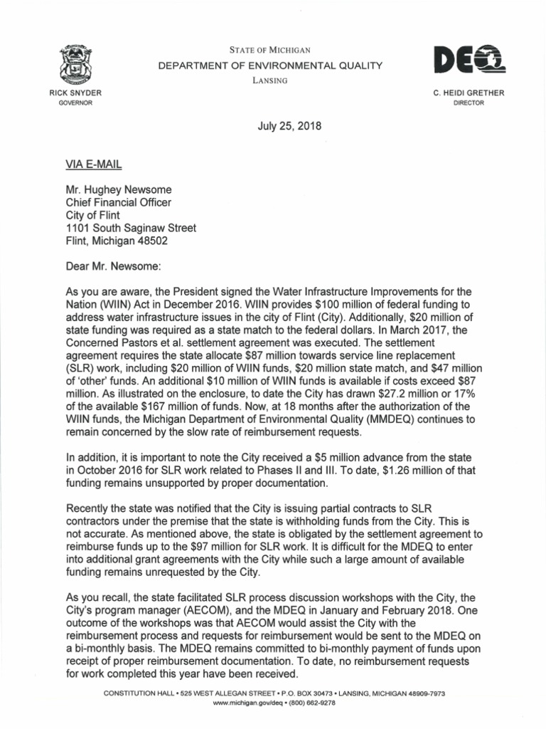 Letter From DEQ To Flint Regarding Funding | PDF | Government | Business