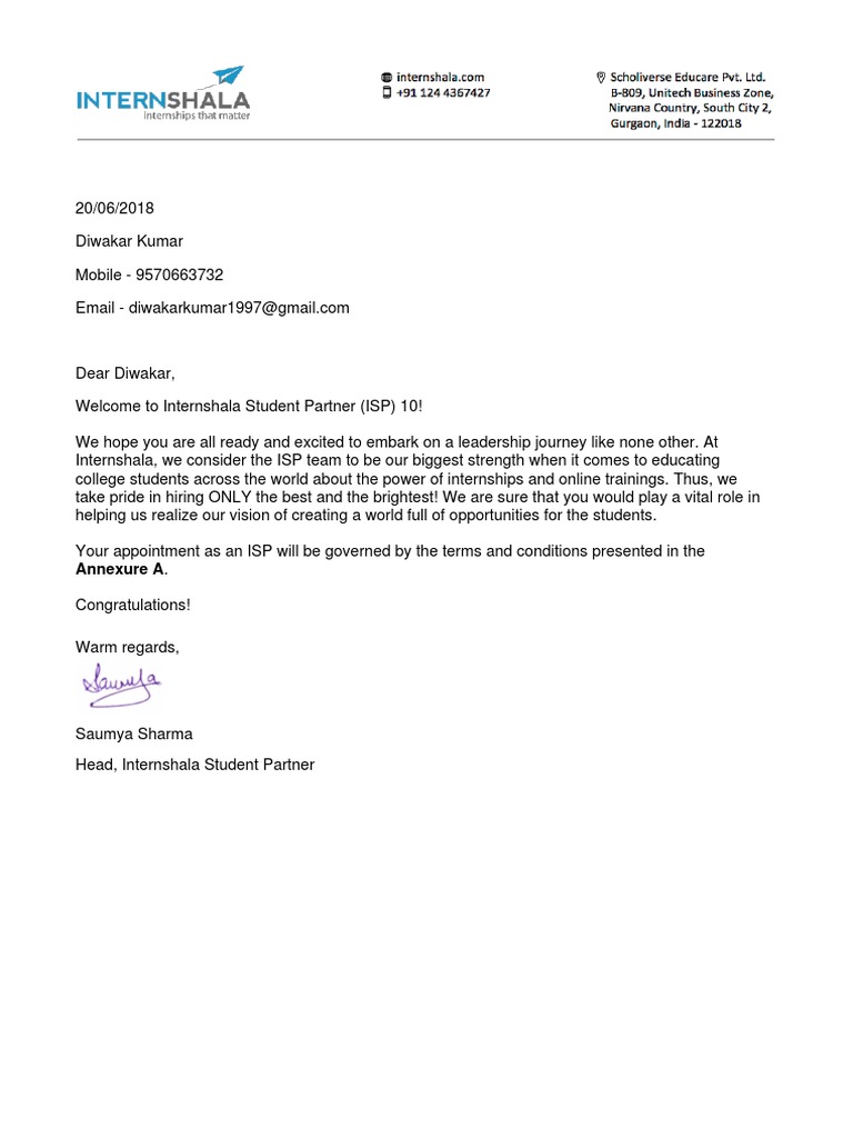 ISP Joining Letter | PDF | Social Media | Popular Culture & Media Studies