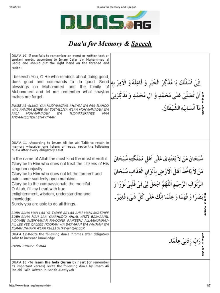 Dua For Memory and Speach | PDF | Hadith | Sahabah