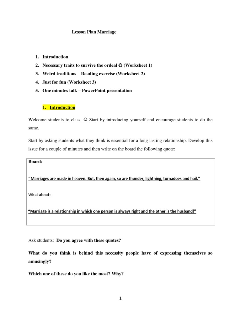 Lesson Plan - Marriage | PDF | Bride | Wedding