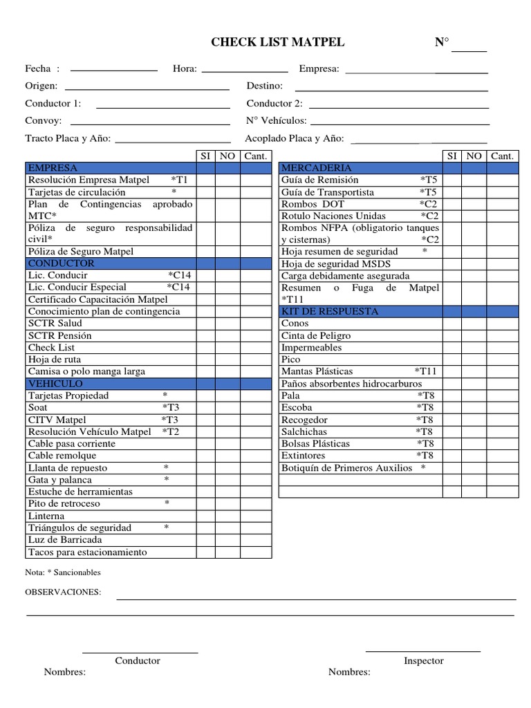 Modelo Sugerido - Check List Para Transporte de Matpel | Bienestar