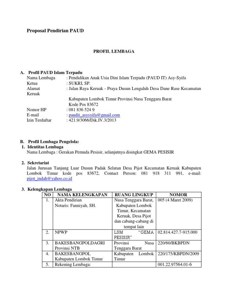 Proposal Pendirian PAUD | PDF