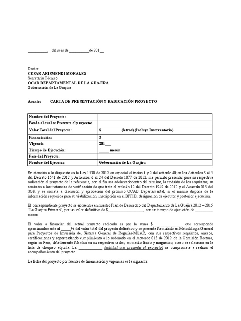 Carta de Presentación de Proyecto SGR | PDF | Gobierno
