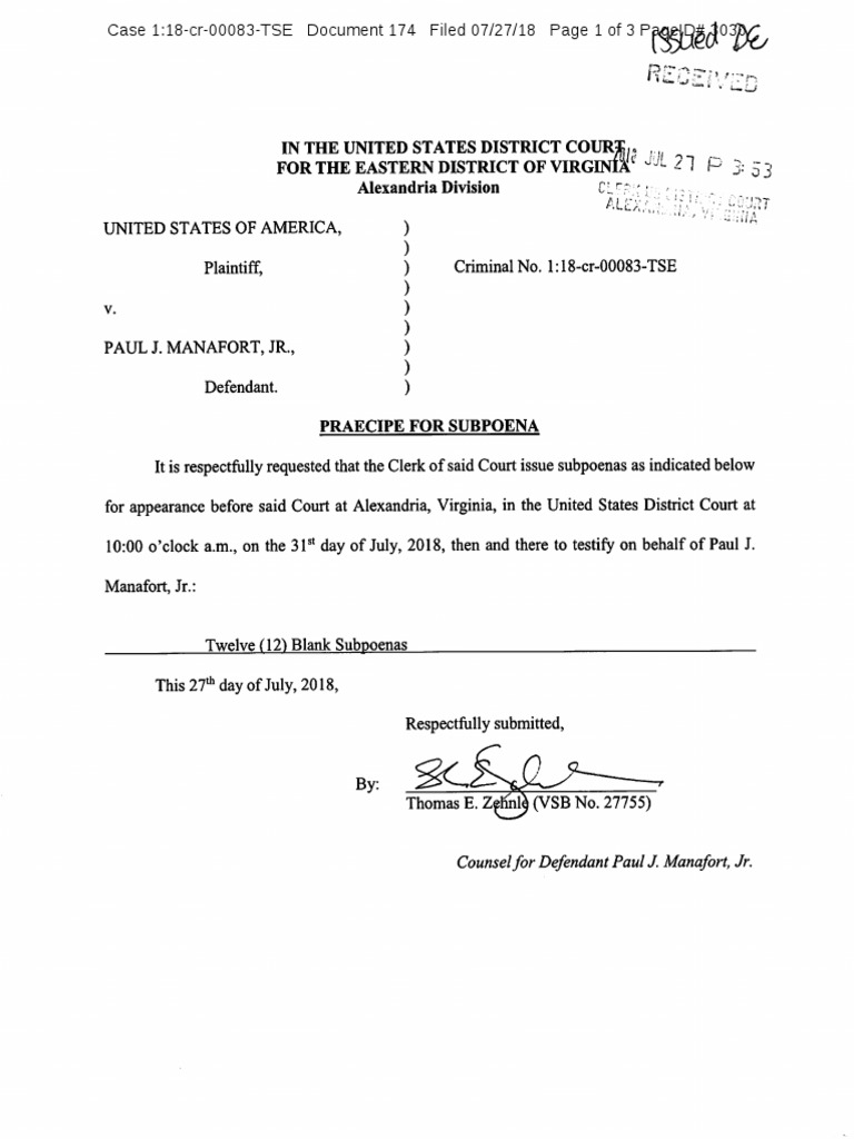 Manafort Praecipe For Subpoena | PDF | Subpoena | United States ...